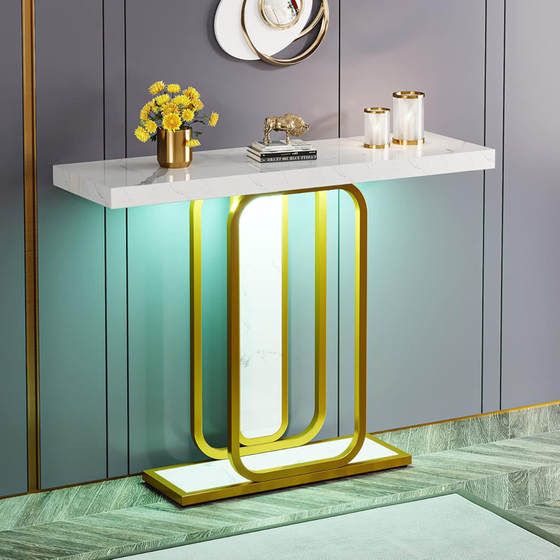 41.3 Inch Modern Gold White Console Table With USB Lighting Entry Hallway Foyer Decorative Table With Faux Marble Finish For Living Room Entryway